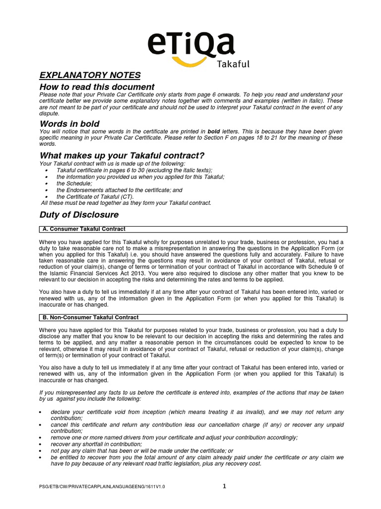 Explanatory Notes How To Read This Document: A. Consumer Takaful ...