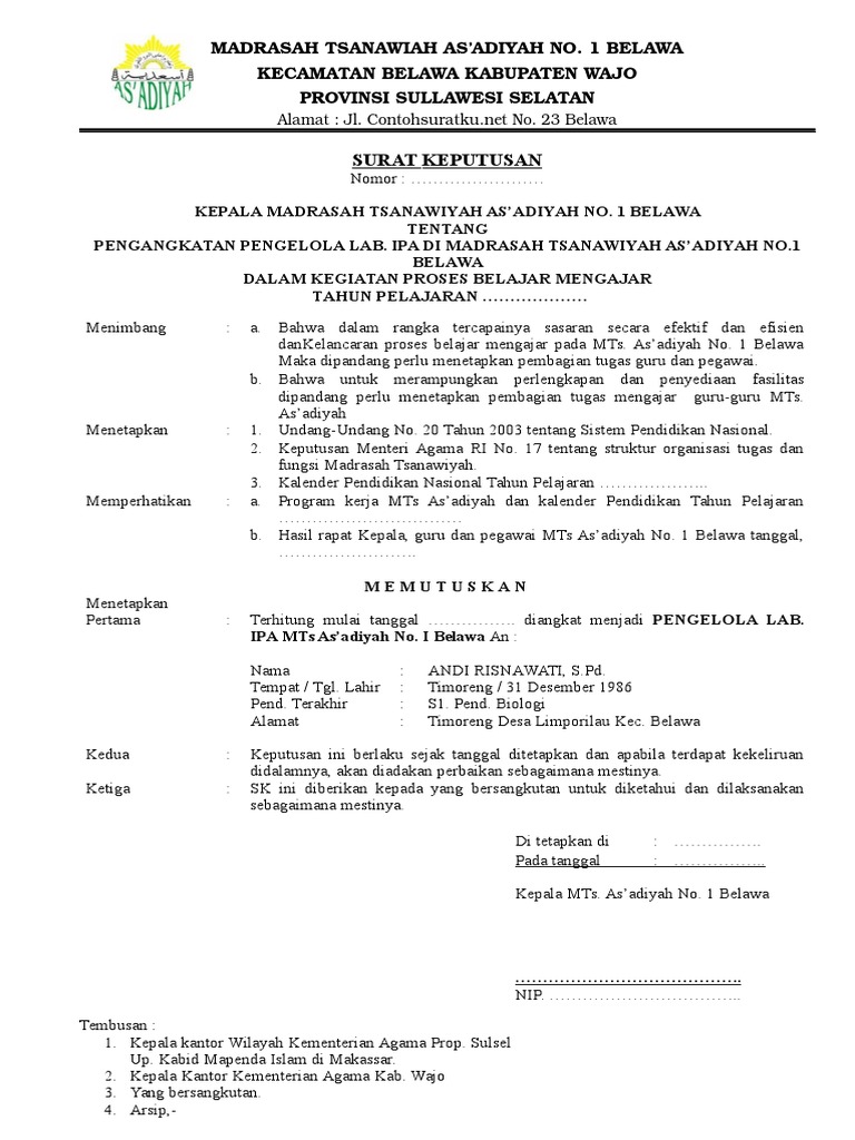 11 Contoh SK Pengangkatan Sebagai Kepala Lab. IPA Format Word Terbaru | PDF