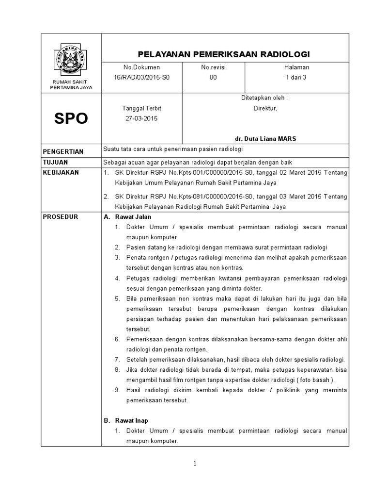 SPO Pelayanan Pemeriksaan Radiologi | PDF