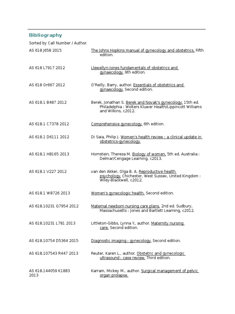 A Comprehensive Bibliography of Gynecology, Obstetrics and Women's ...