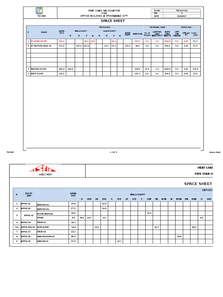 Space Sheet: Heat Load Calculation FOR Office Building at Hyderabad ...