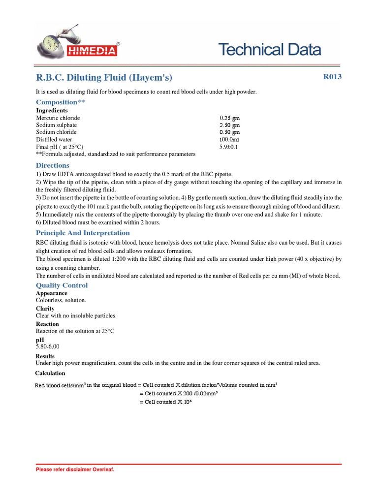 R.B.C. Diluting Fluid (Hayem's) : Composition | PDF | Shelf Life | Blood