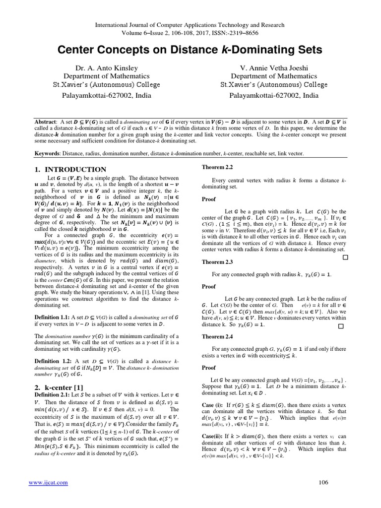 Center Concepts On Distance K-Dominating Sets | PDF | Vertex (Graph Theory) | Combinatorics