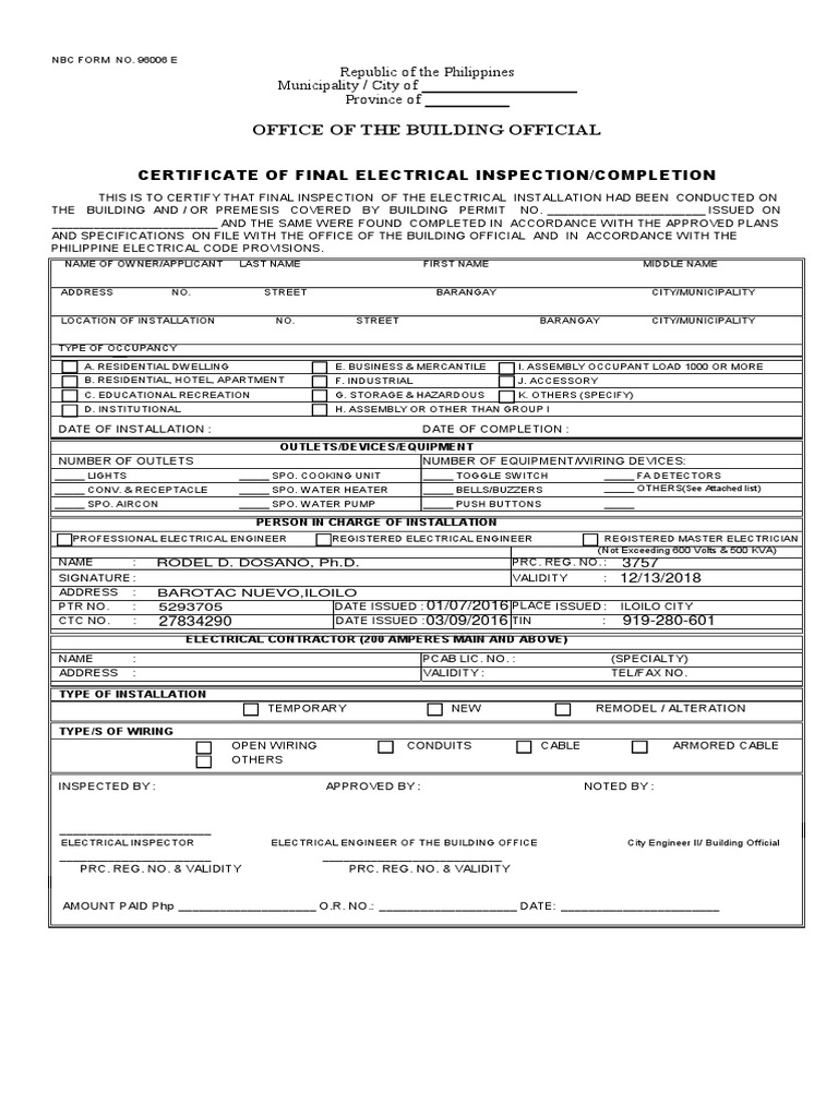 7_ NBC Form No_ 96006-E - Cert_ of Final Elect_ Inspection Completion Form | Electrical Wiring ...