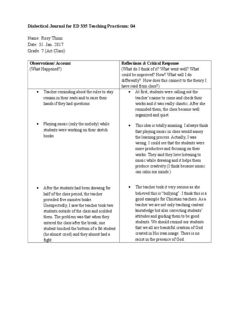 Dialectical Journal 4 | PDF | Pedagogy | Teachers