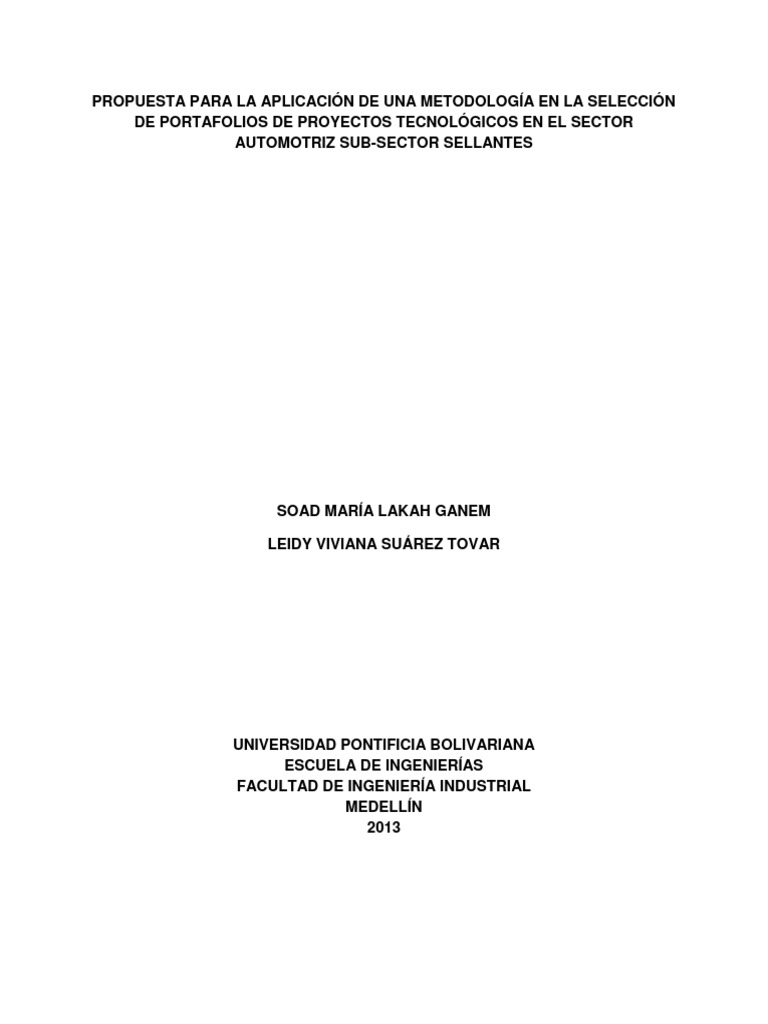 Propuesta Para La Aplicación de Una Metodología en La Selección de Portafolios de Proyectos ...