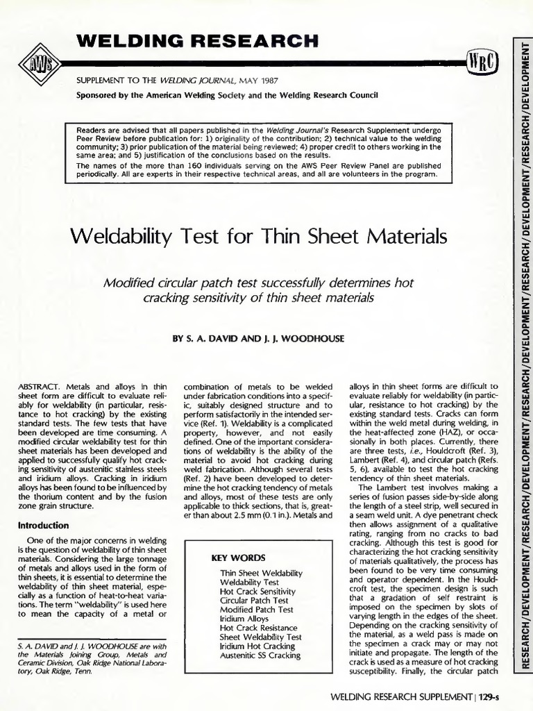 Weldability Test For Thin Sheet Materials | PDF | Welding | Construction
