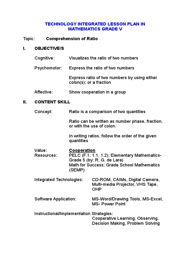 Comprehension of Ratio (Lesson Plan) | PDF | Ratio | Teaspoon