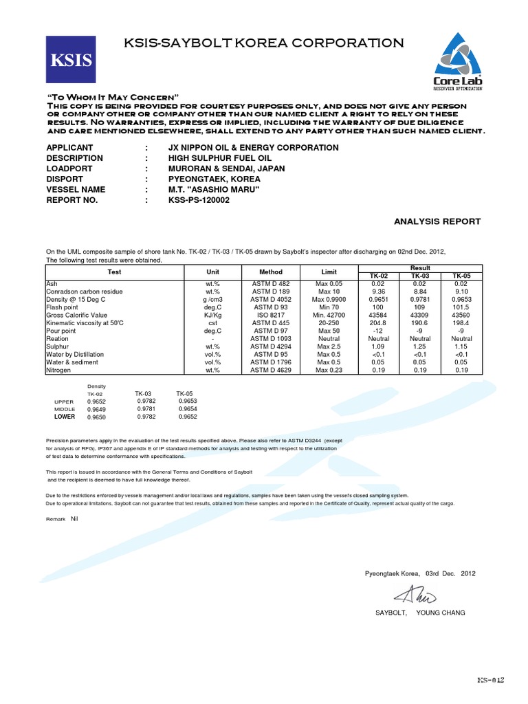 Ksis-Saybolt Korea Corporation: Analysis Report | PDF | Fuel Oil ...