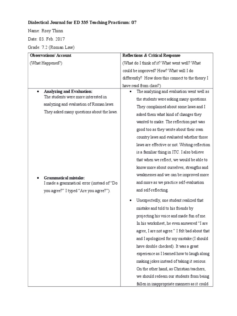 Dialectical Journal 7 | PDF | Teaching | Evaluation