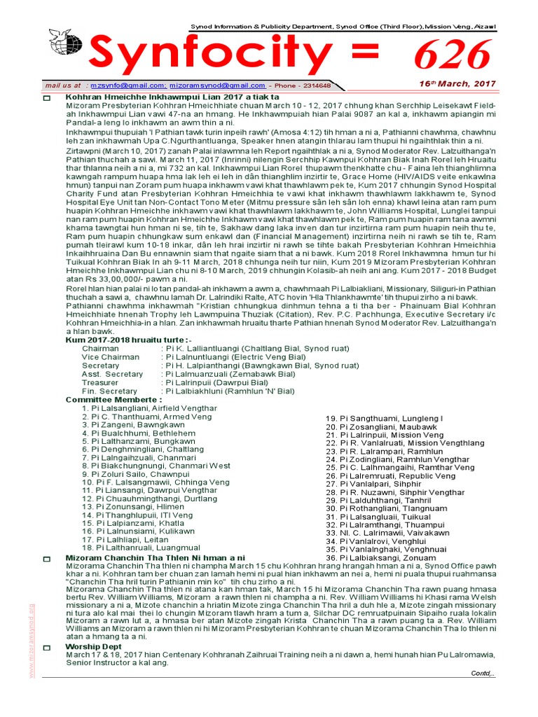 Synfocity : 1 Kohhran Hmeichhe Inkhawmpui Lian 2017 A Tiak Ta | PDF | Religious Behaviour And ...