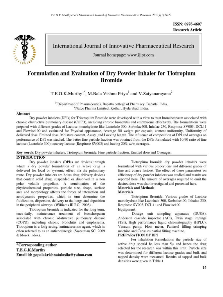 Formulation and Evaluation of Dry Powder Inhalers for Tiotropium ...