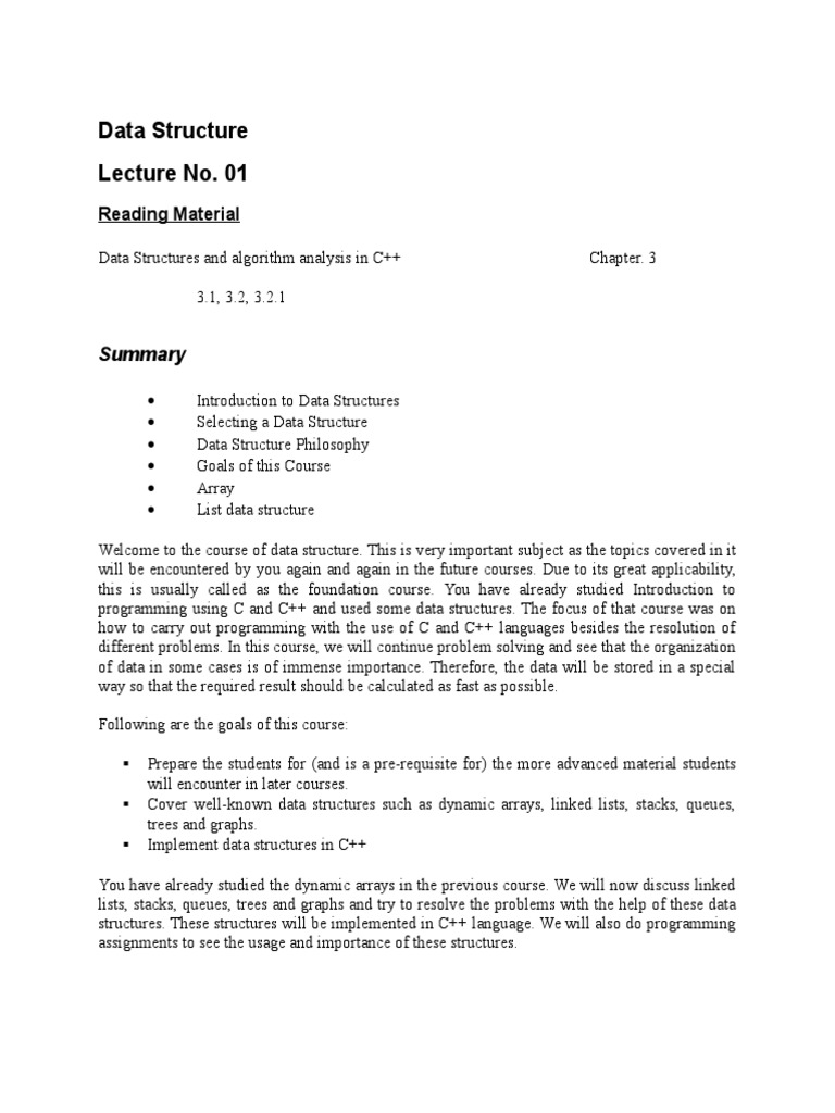 Data Structure Lecture No. 01: Reading Material | PDF | Array Data ...