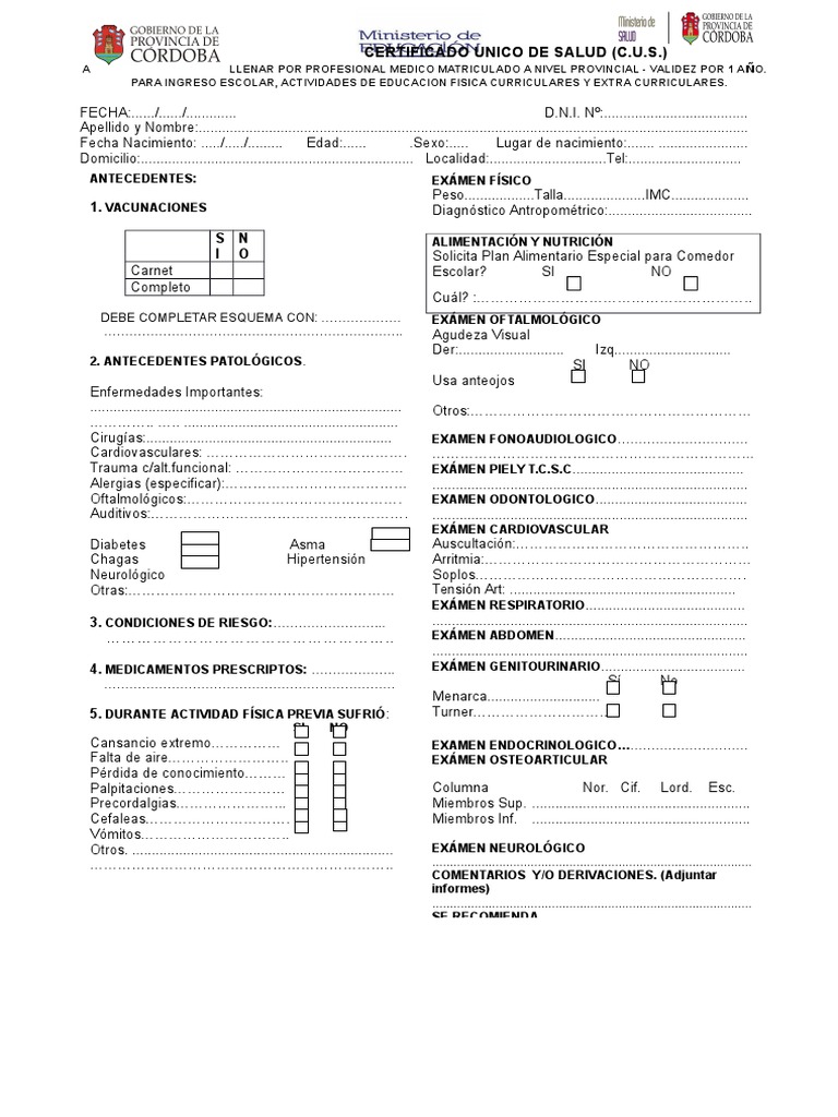 Modelo Certififcado Unico de Salud CUs | PDF | Medicina CLINICA ...