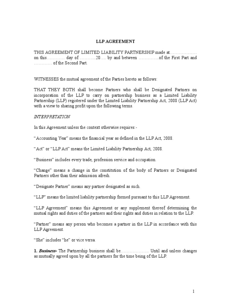 Draft LLP Agreement | Limited Liability Partnership | Partnership