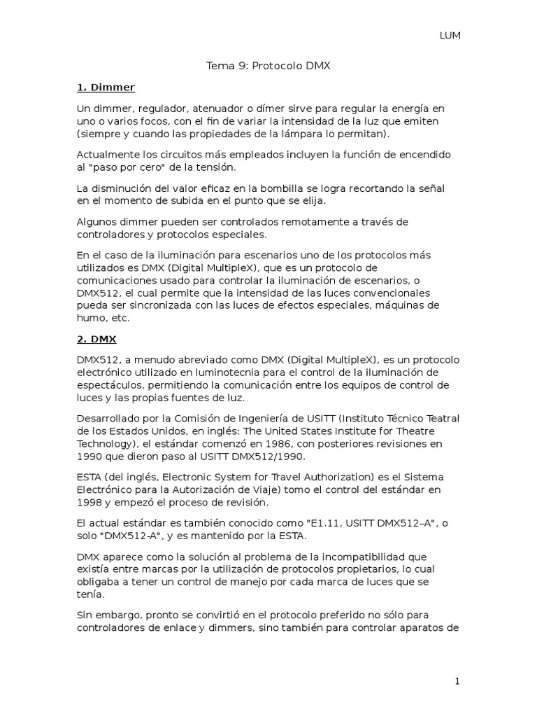 LUM Tema 9. Protocolo DMX | PDF | Electrónica | Telecomunicaciones