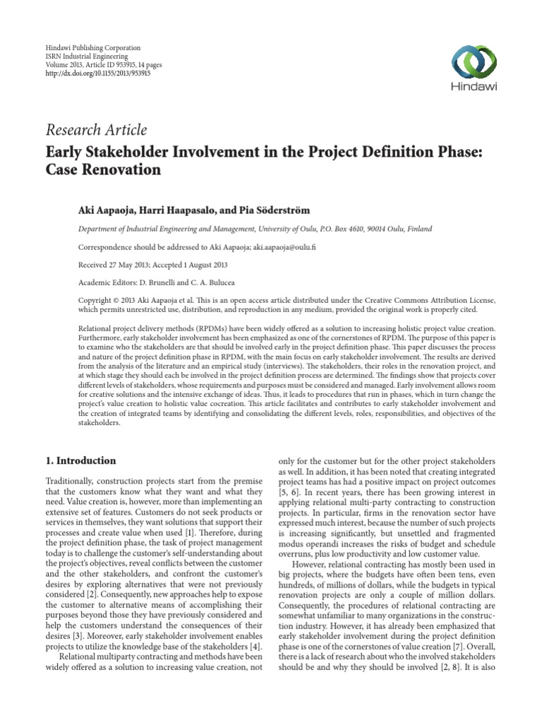 Early Stakeholder Involvement in The Project Definition Phase - Case ...
