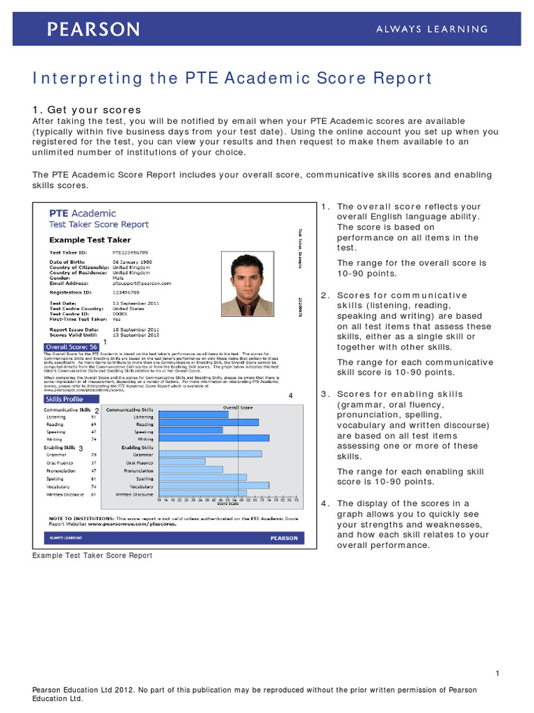 Interpreting The PTE Academic Score Report: 1. Get Your Scores | PDF ...