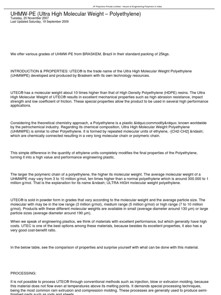 UHMW-PE (Ultra High Molecular Weight - Polyethylene) | PDF ...