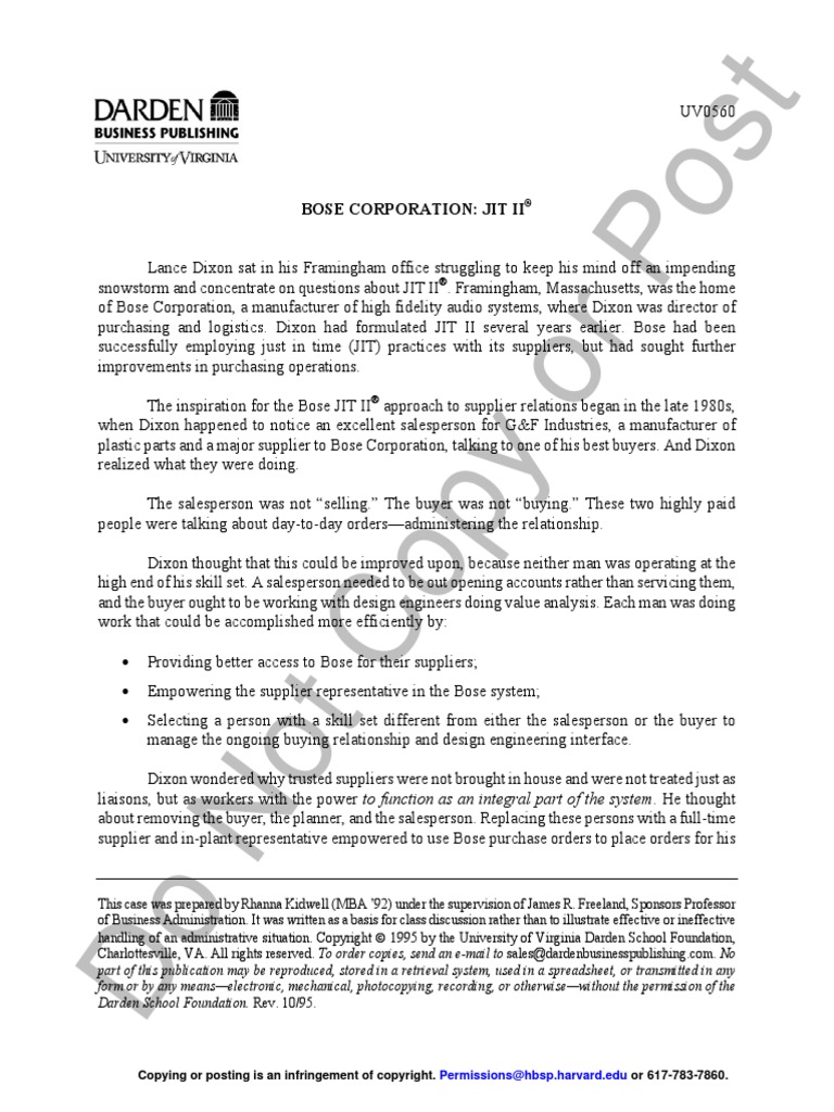 Case Lecture 13 Bose Corp JIT II | PDF | Indemnity | Sales