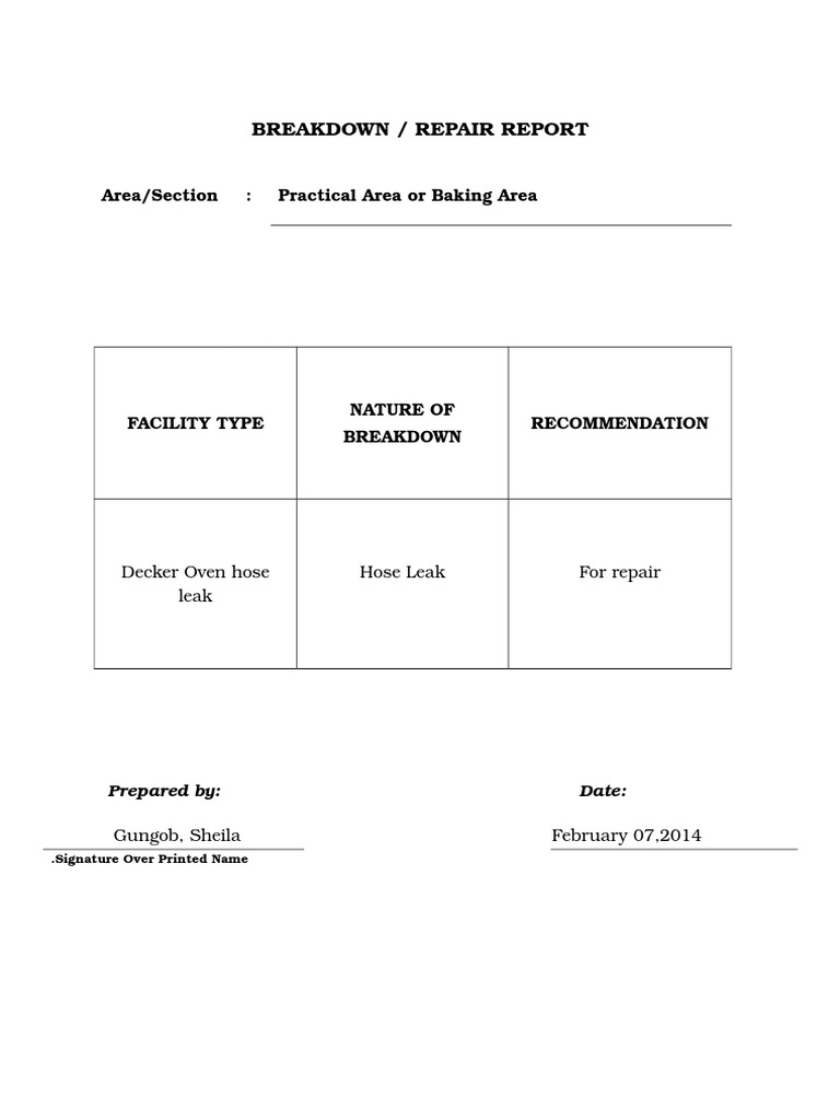 Breakdown Repair Report for Decker Oven | PDF