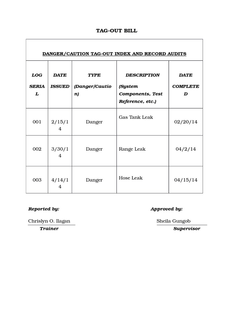 Tag-Out Bill: Danger/Caution Tag-Out Index and Record Audits | PDF
