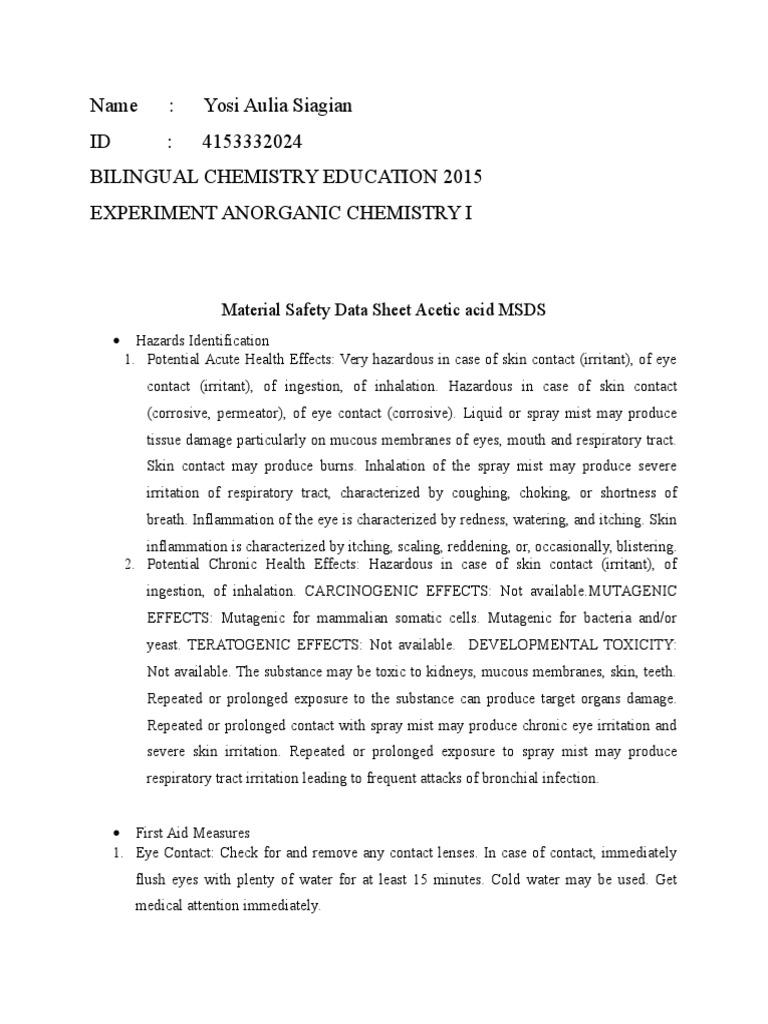 Material Safety Data Sheets for Common Chemicals Used in Experiments ...