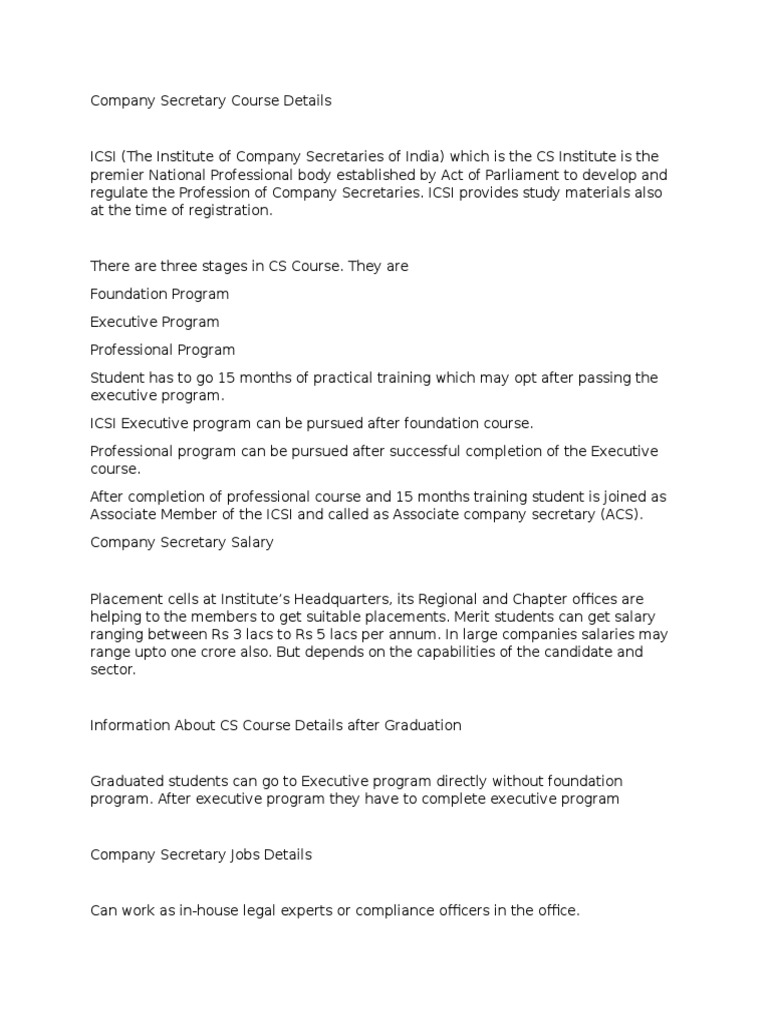 Company Secretary Course Details | Download Free PDF | Audit ...