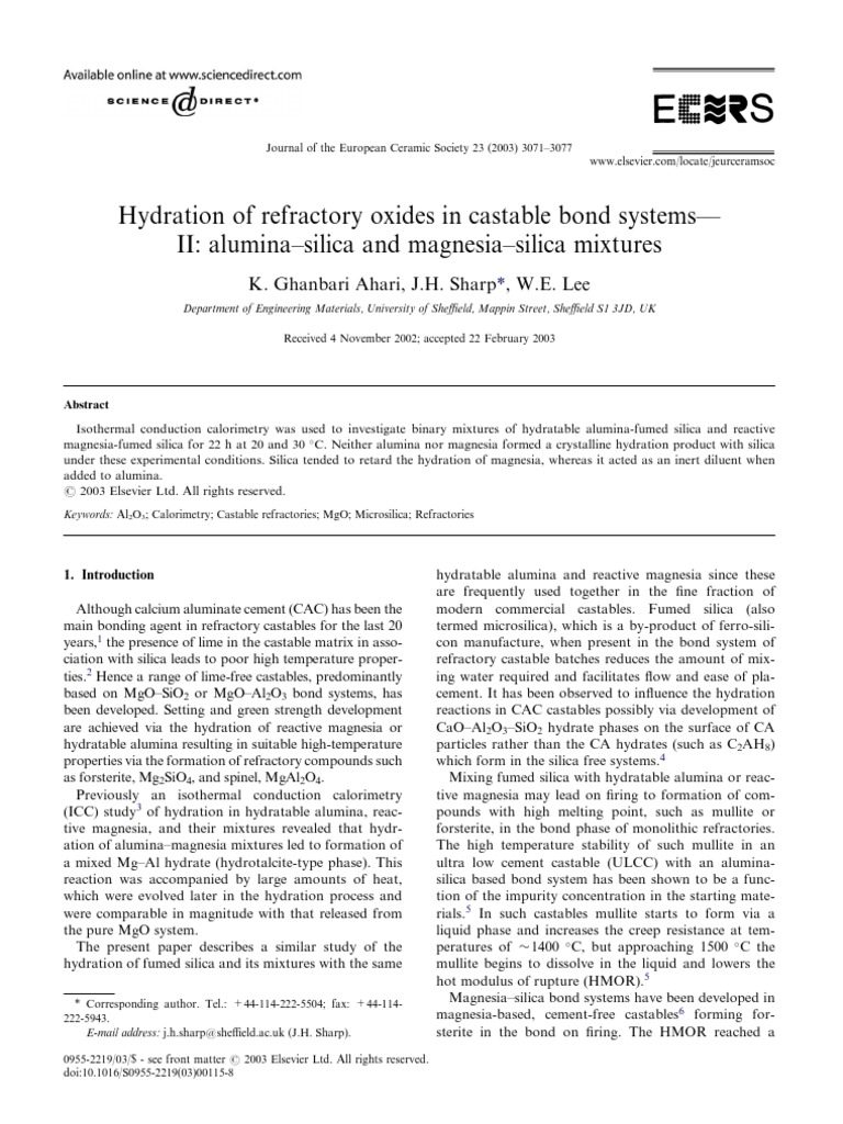 Hydration of Refractory Oxides in Castable Bond Systems-II Alumina-Silica and Magnesia-Silica ...