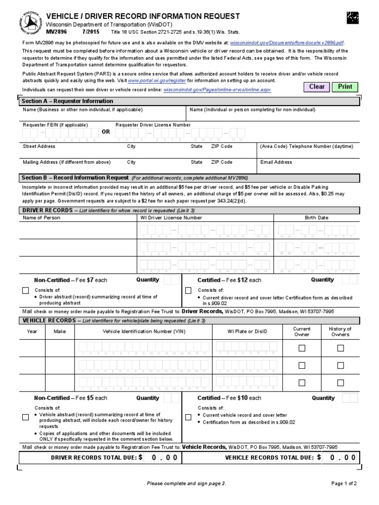 Vehicle Driver Record Information Request, MV2896 - WisDOT | PDF ...