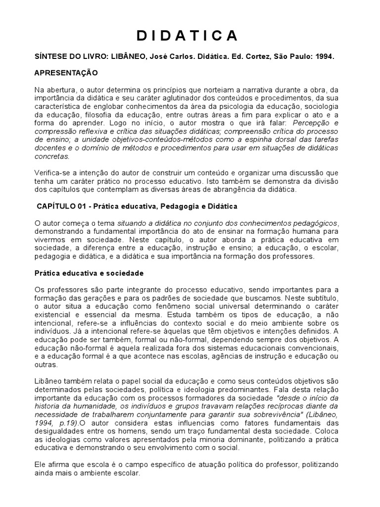Resumo Didática - Libaneo | PDF | Pedagogia | Aprendizado