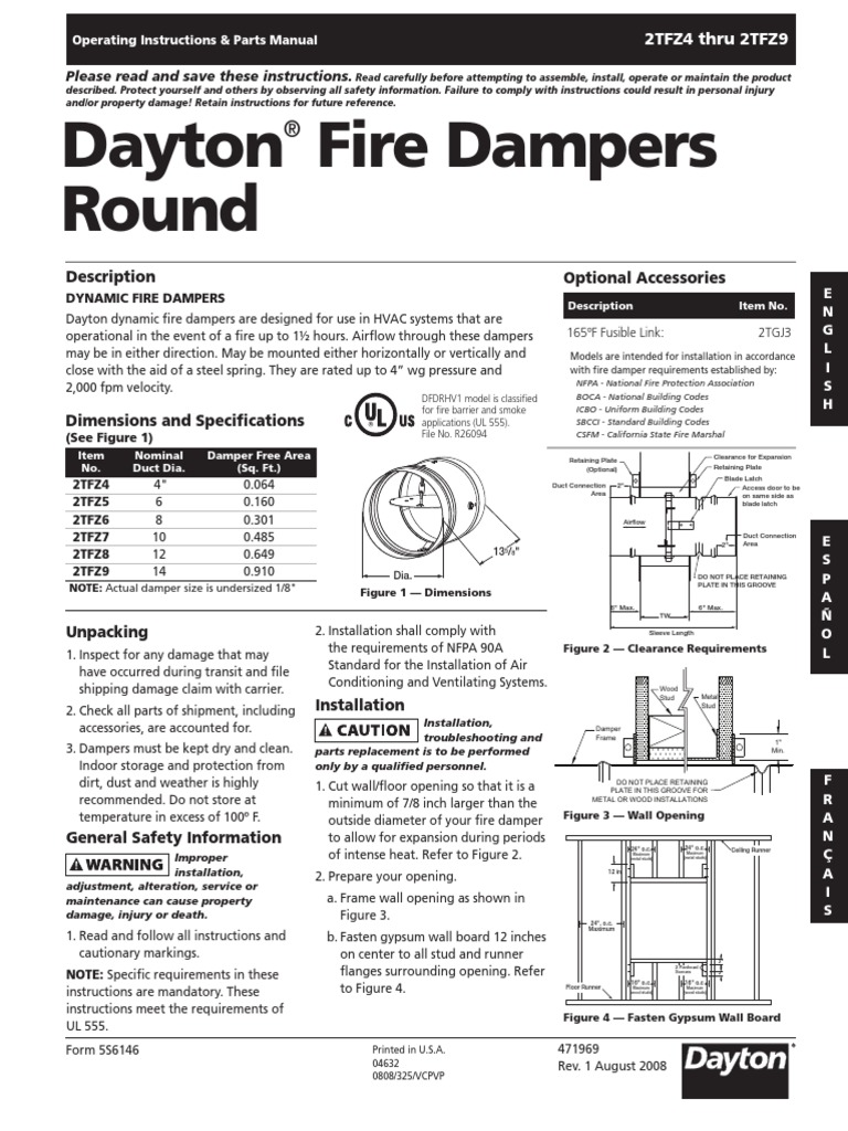 Dayton Fire Dampers Round: Please Read and Save These Instructions ...