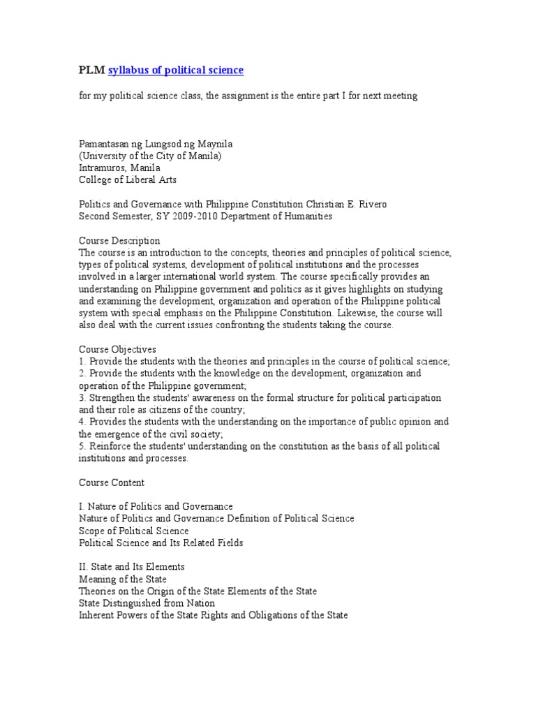 PLM Political Science Course Syllabus | PDF | Citizenship | Suffrage