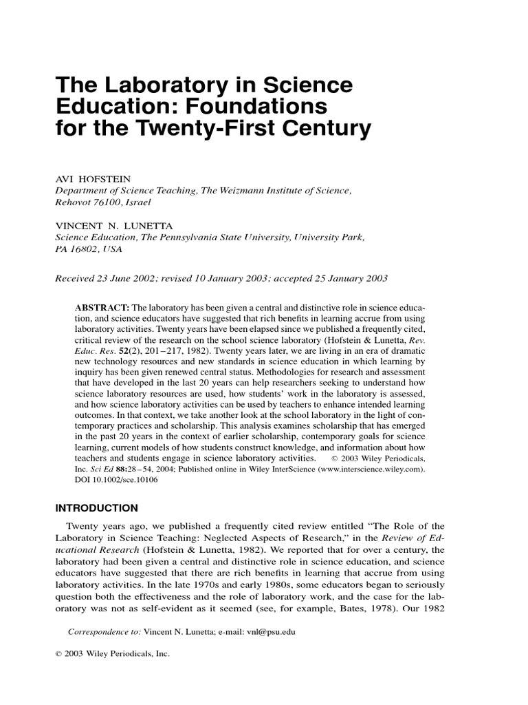The Laboratory in Science Education: Foundations For The Twenty-First ...