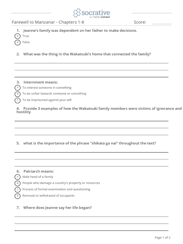 Farewell To Manzanar Reading Quiz | PDF