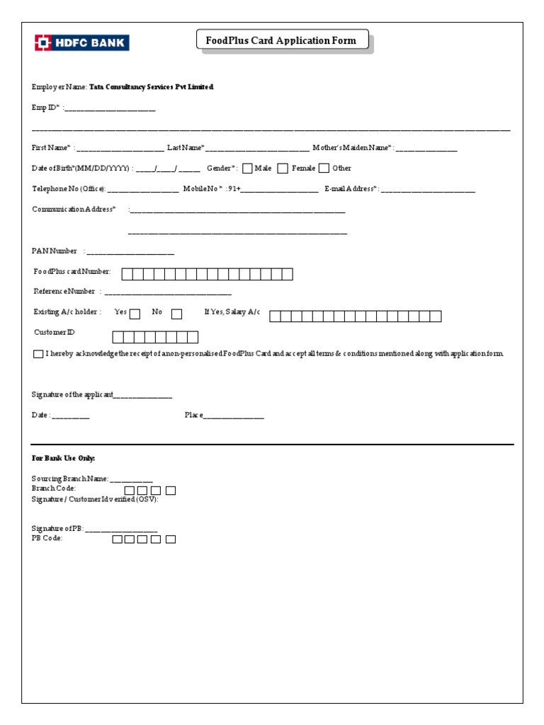 HDFC FoodPlus Card Application Form | PDF | Debit Card | Automated ...