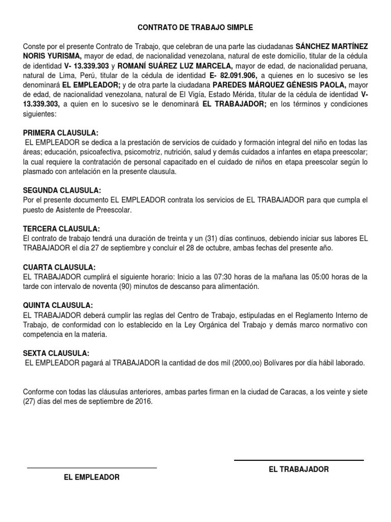 Contrato de Trabajo Simple (Terminado) | PDF