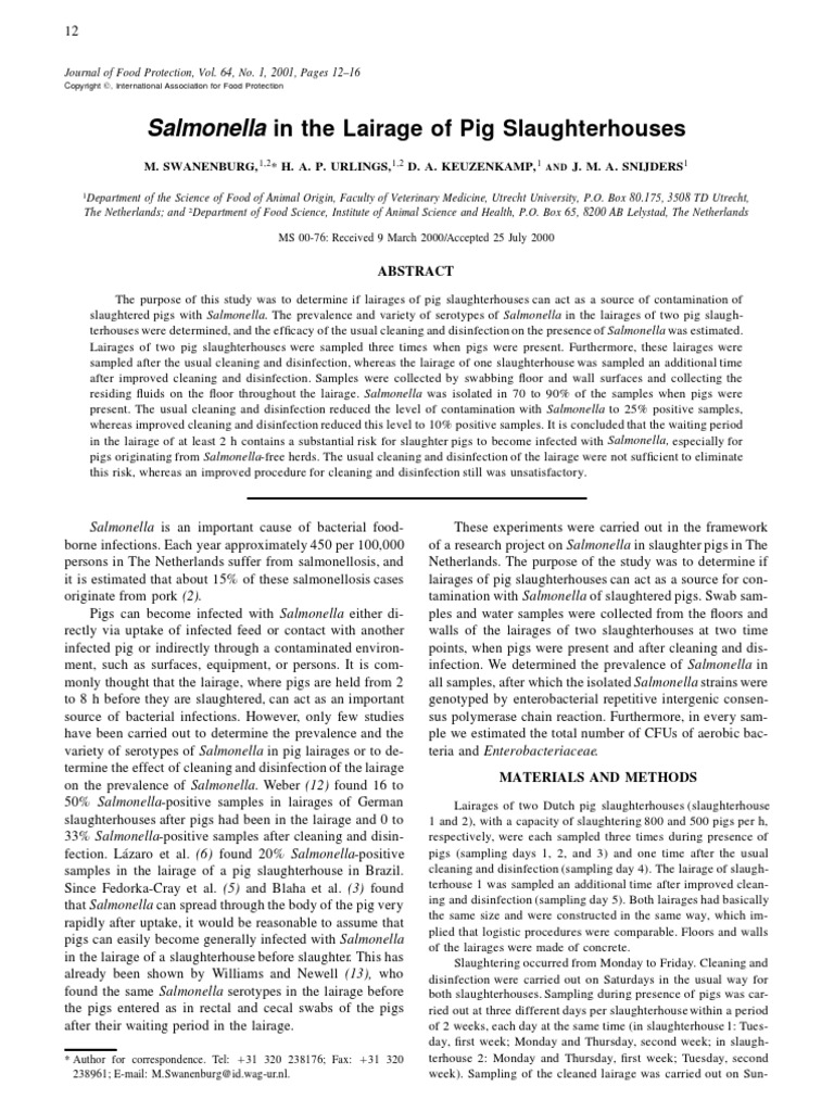 Salmonella in The Lairage of Pig Slaughterhouses | PDF | Salmonella ...