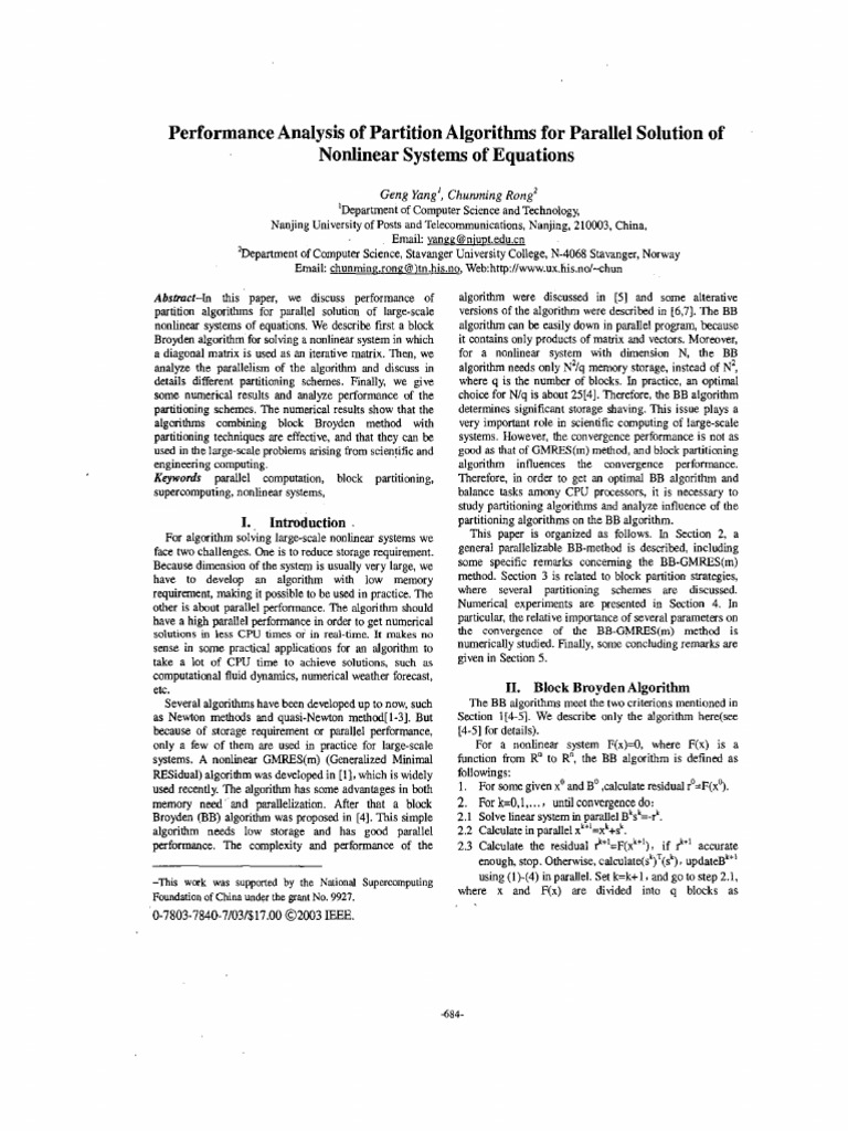 Performance Analysis of Partition Algorithms For Parallel Solution of Nonlinear Systems of ...