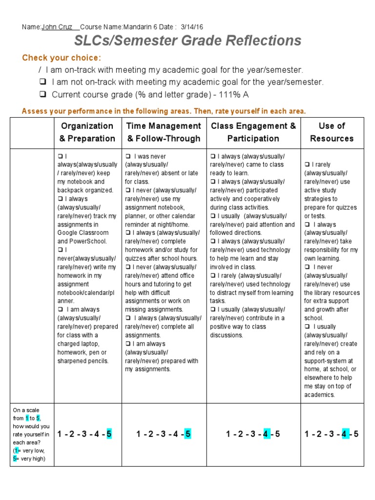 Slcs/Semester Grade Reflections | PDF | Homework | Educational Psychology