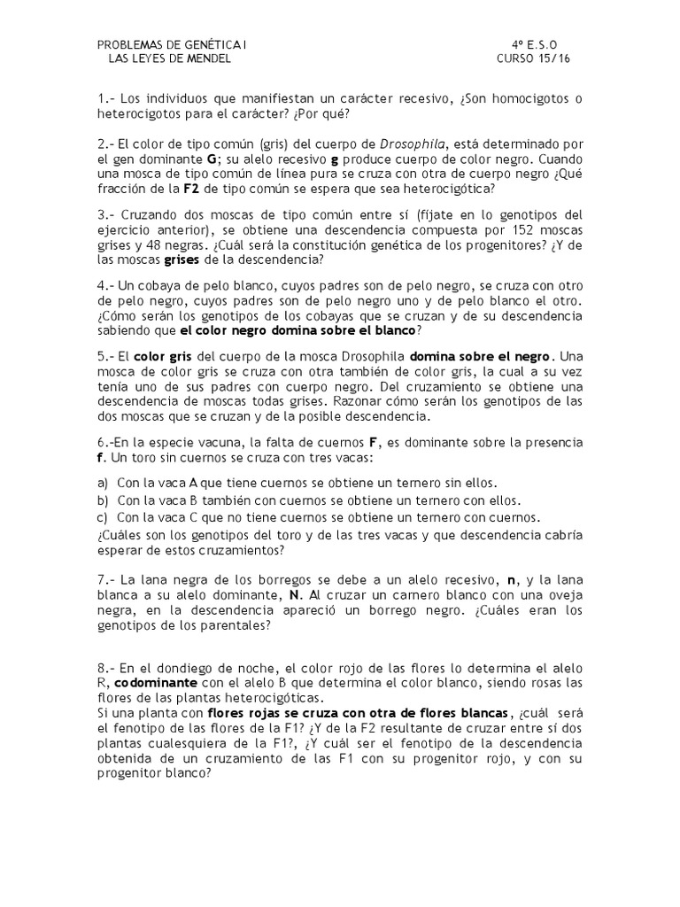 01 Problemas de Genética I. Las Leyes de Mendel | PDF | Dominancia ...