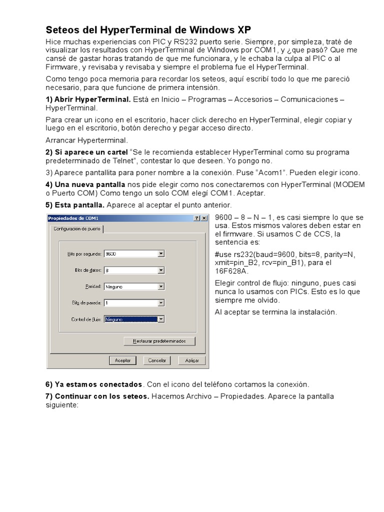 Configuración recomendada del HyperTerminal de Windows XP para comunicación serie con PIC a ...