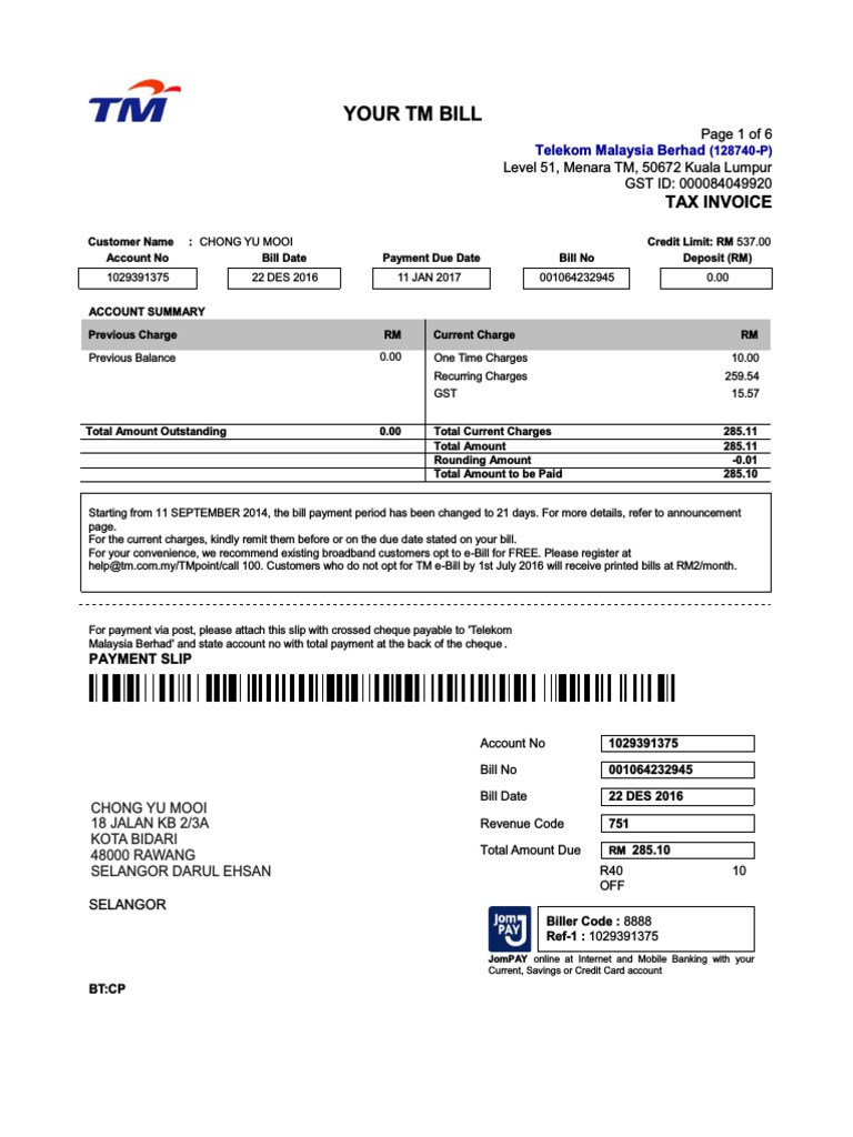Your TM Bill: Page 1 of 6 Level 51, Menara TM, 50672 Kuala Lumpur GST ...