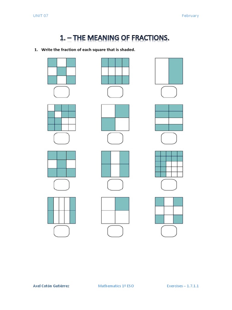 1. Write the fraction of each square that is shaded.: Unit 07 February