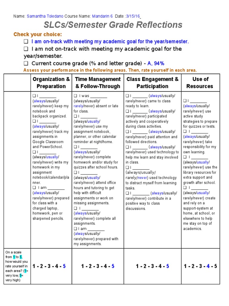 Slcs/Semester Grade Reflections: I Am On-Track With Meeting My Academic ...