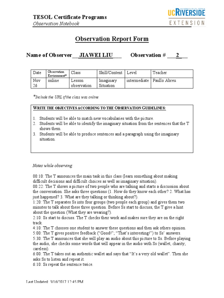 Observation Report Form: TESOL Certificate Programs | English As A ...