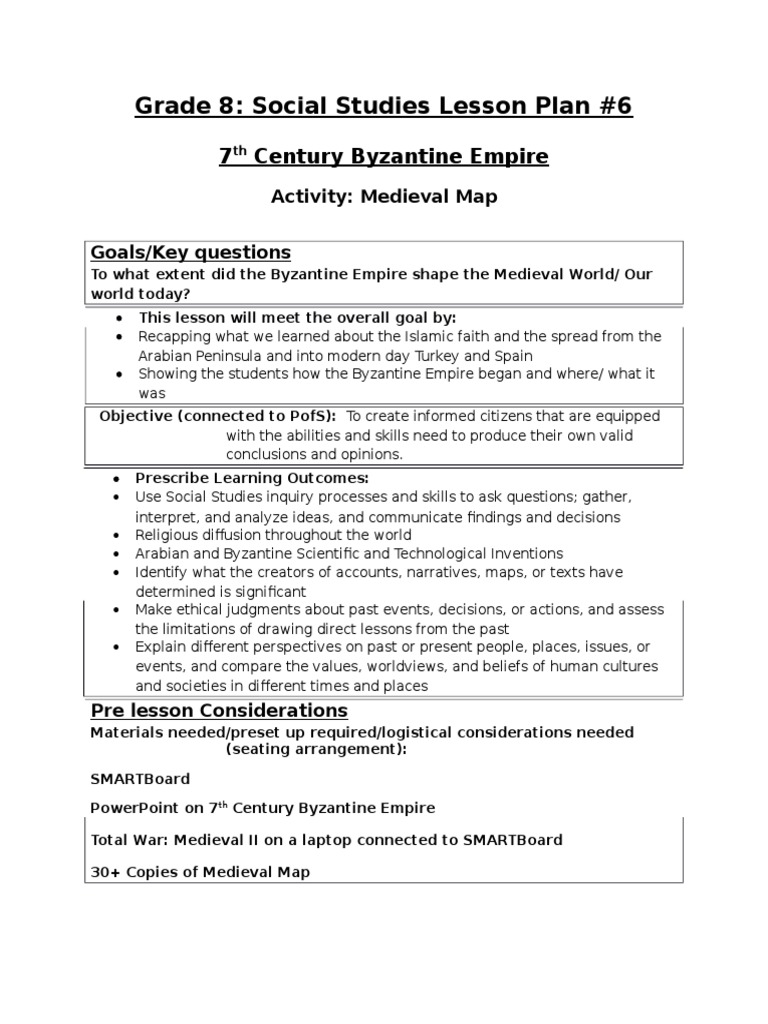 ss8 Lesson Plan6 | PDF | Byzantine Empire | Middle Ages