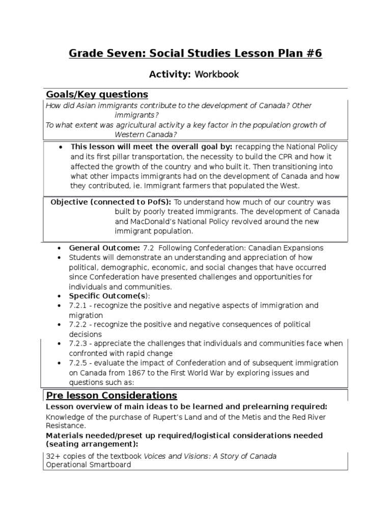 Grade Seven: Social Studies Lesson Plan #6: Activity: Workbook Goals ...