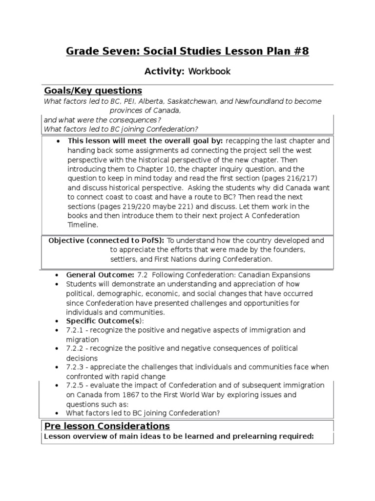 Grade Seven: Social Studies Lesson Plan #8: Activity: Workbook Goals ...