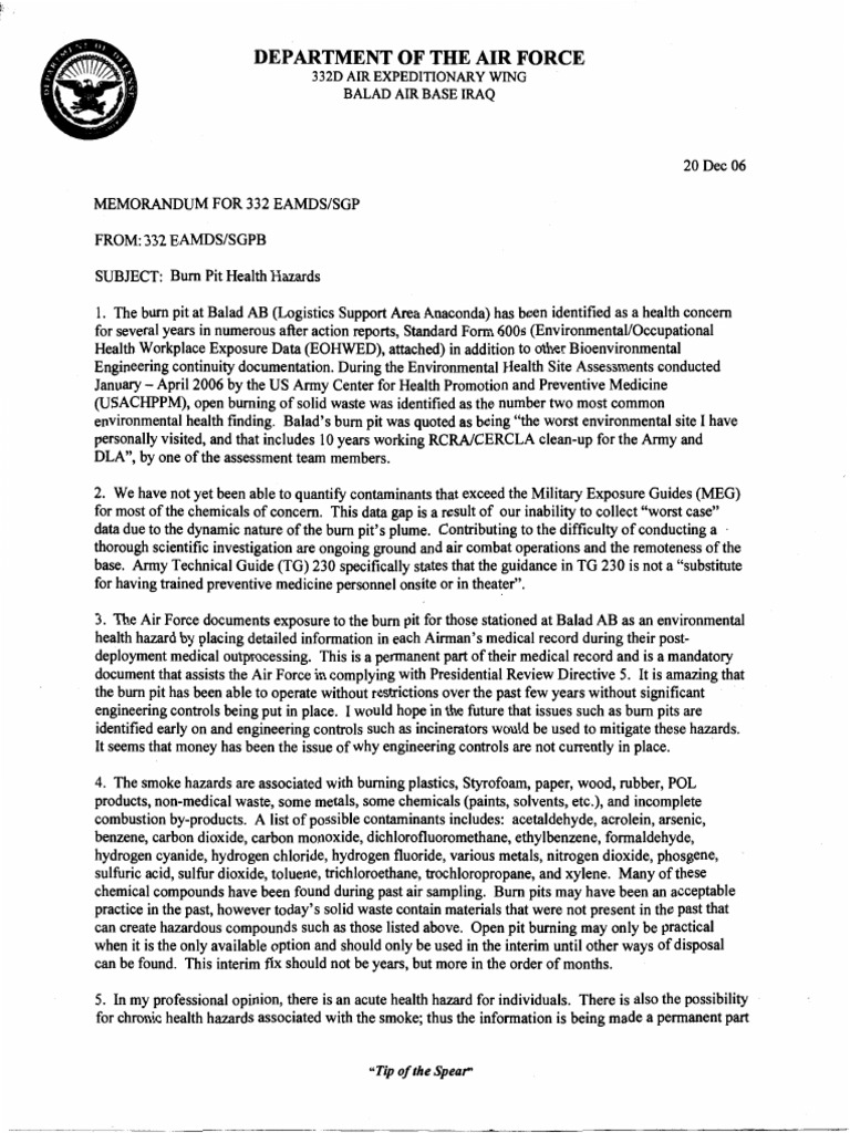 Burn Pit Memo Dec. 20, 2006 | PDF | Hazards | Determinants Of Health
